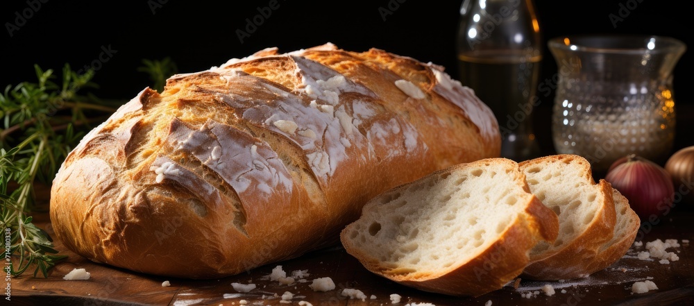 A rustic loaf of sourdough bread, accompanied by a bottle of fragrant ...
