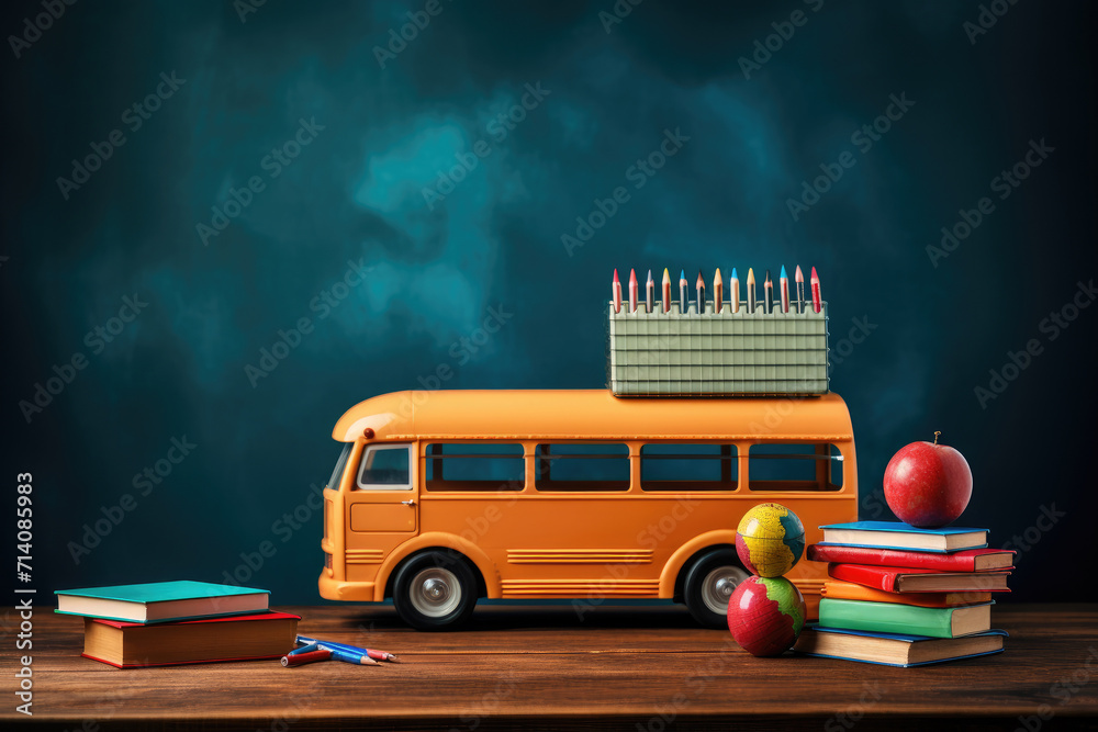 Back to school with crayons, school bus and objects on table ...