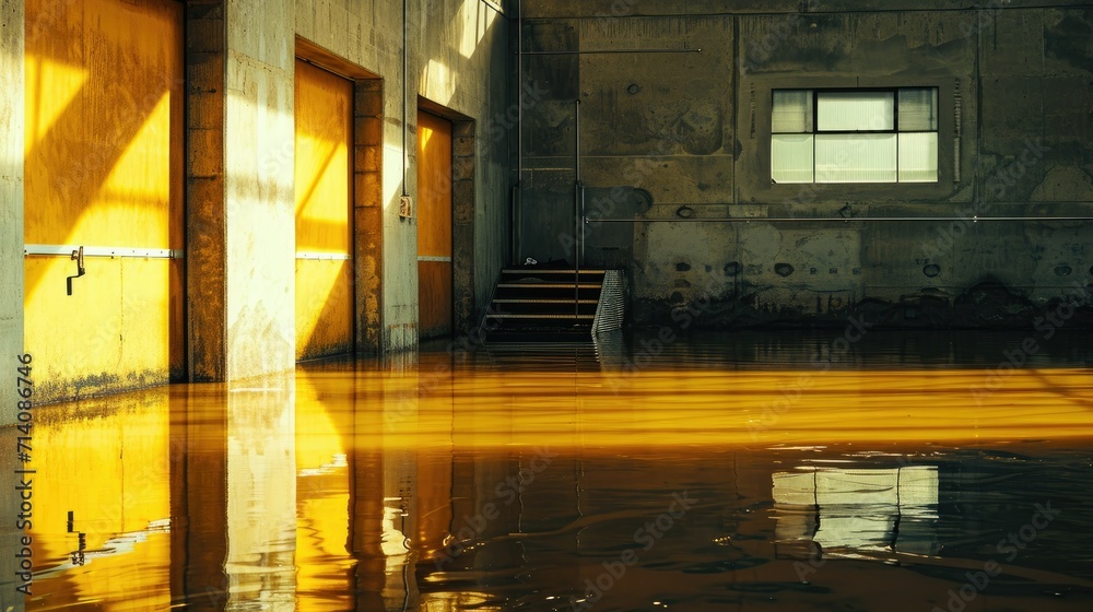 Flooded warehouse with waterlogged cardboard boxes floating in murky ...