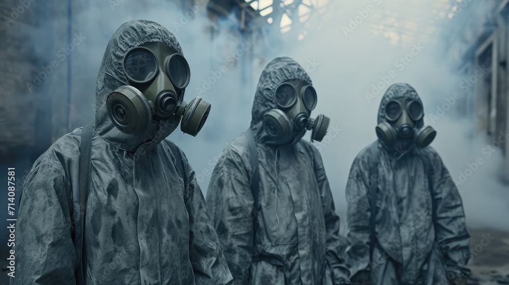 Group of individuals in gas masks and uniforms standing in an old ...