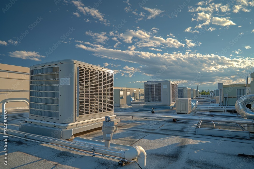 A modern rooftop air conditioning unit with sleek silver metal, black ...
