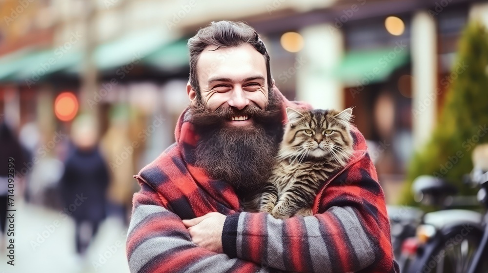 Captured in a heartfelt embrace, this man and his cat demonstrate the ...