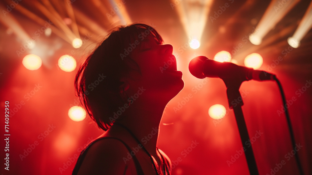 A close-up photograph of a teenager singing along passionately at a ...