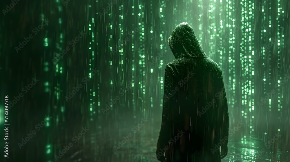 Cyber Security Hacker With A Hoodie At Green Alphabet Rain Matrix Green Binary Code Background