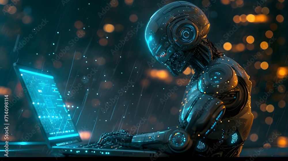 cyberpunk robot using laptop in neon alphabet rain matrix background ...