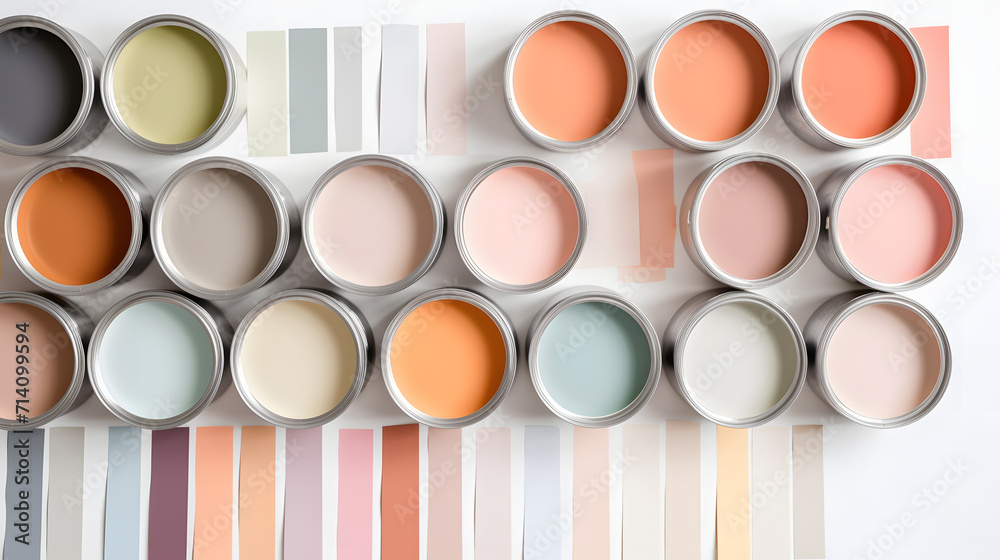 Tiny sample paint cans during house renovation, process of choosing ...