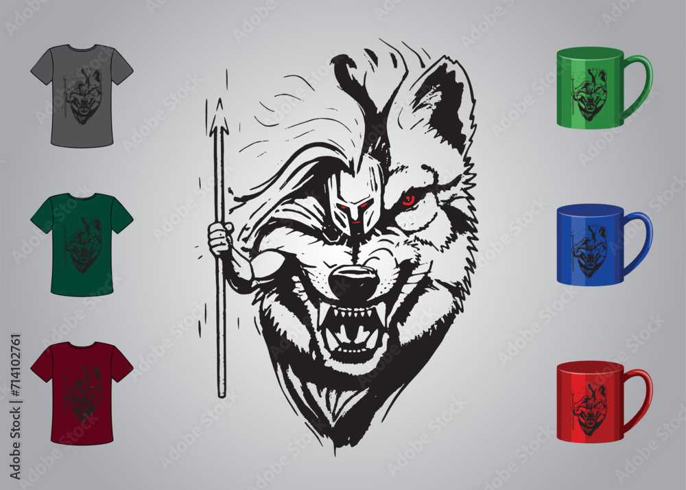 spartan warrior in action with wild wolf logo theme for t-shirt design ...