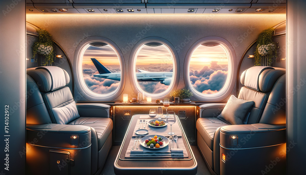 The image shows the first class cabin of a luxury aircraft with elegant ...