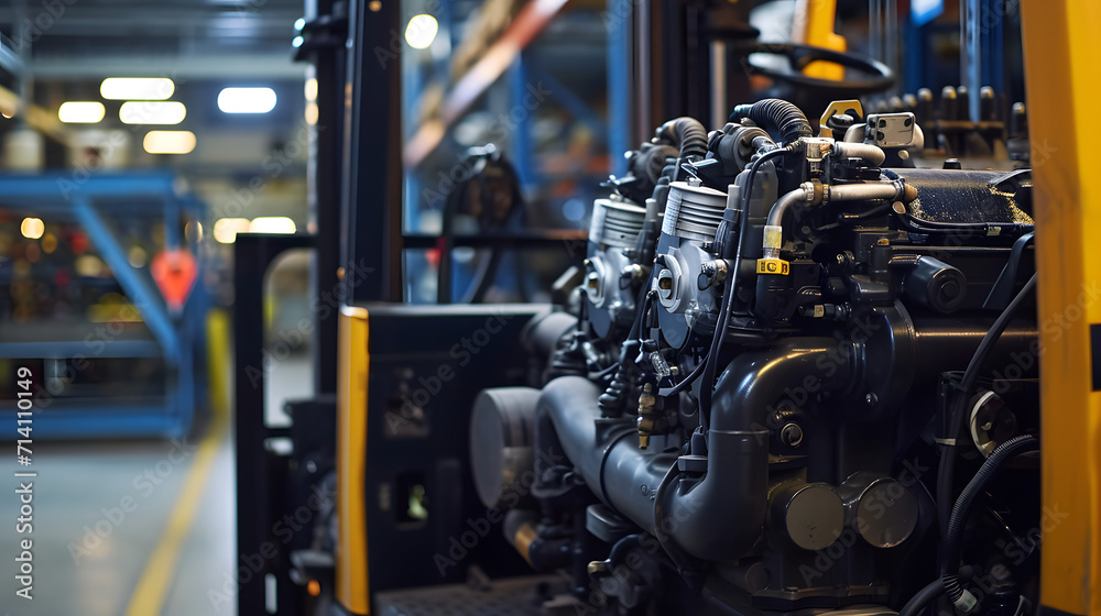 An industrial forklift engine at work in a warehouse environment. Stock ...