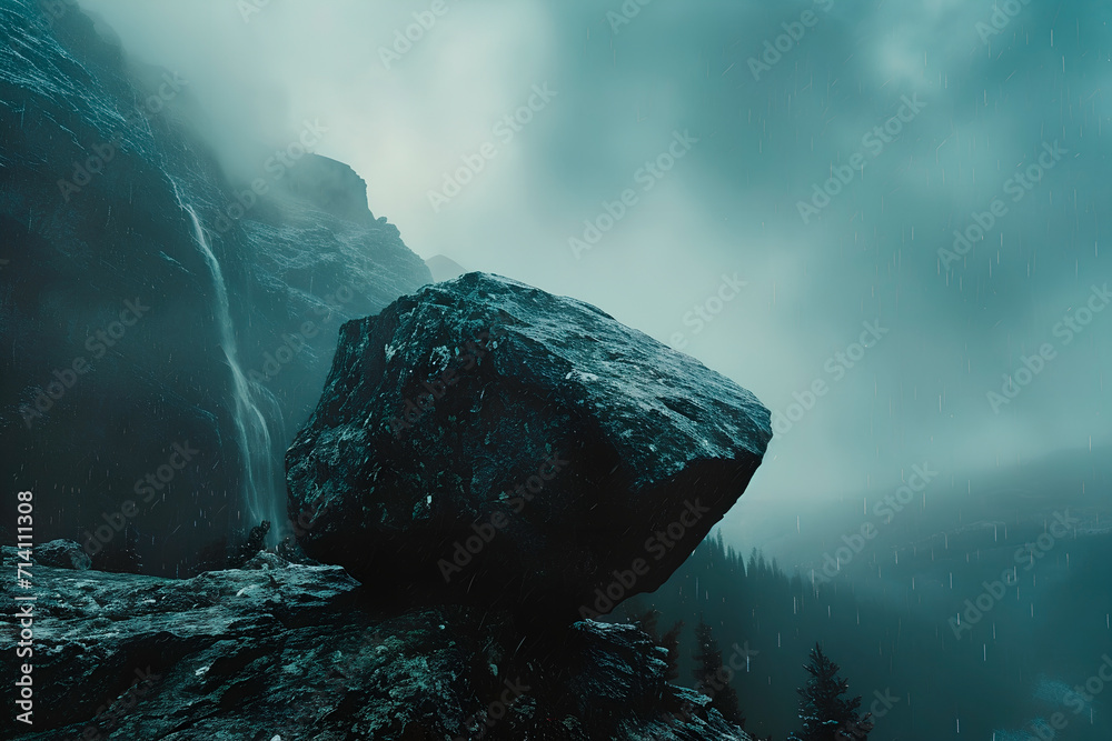 Capture a cinematic 35mm film scene: a boulder rolling down a mountain ...