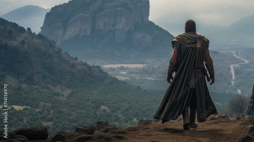 An epic photograph of a Greek hero with a sword, poised for a legendary ...