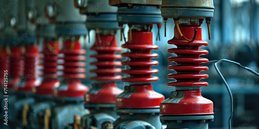 High Voltage Electrical Insulators in a Power Grid. Close-up of ...