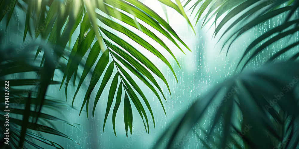 Tropical Palm Leaves Behind Frosted Glass. Green palm leaves create a ...