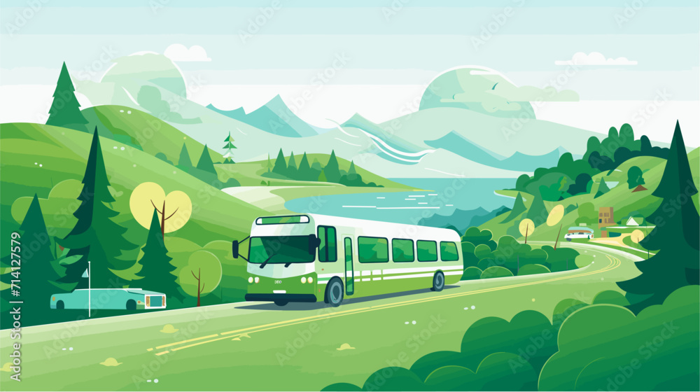 Convey the environmental benefits of bus transportation in a vector art ...