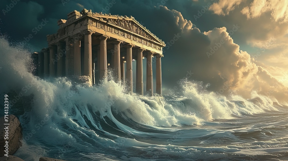 Roman temples in front of big waves in the sea made with Ai generative ...