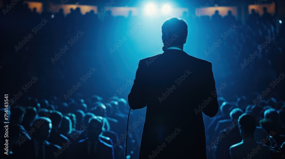 CEO from the back side camera shot and facing the audience, giving ...