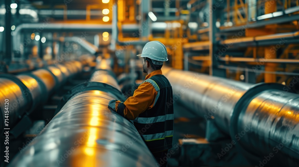 Male worker inspection at steel long pipes and pipe elbow in station ...