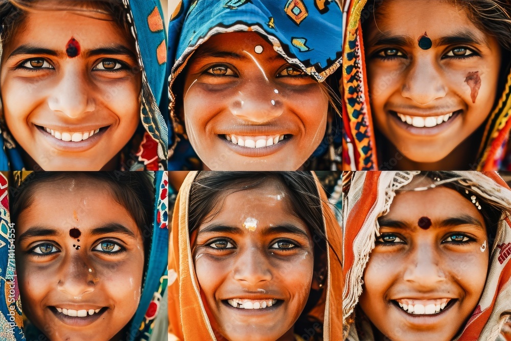 Collection of joyful Indian children smiling in traditional clothing ...