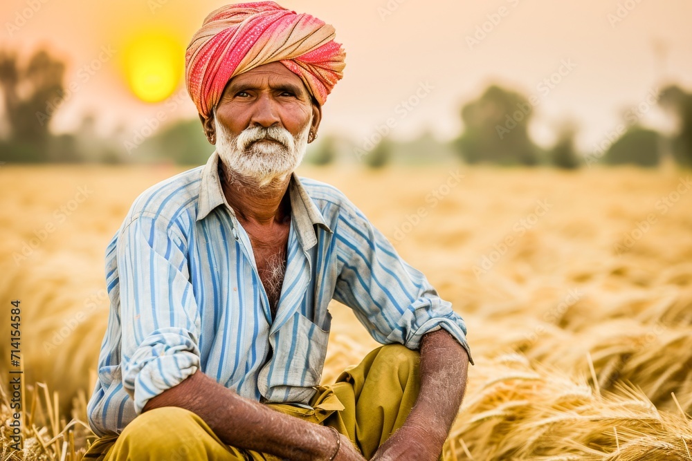 Elderly Indian farmer with a turban sitting in a golden wheat field ...