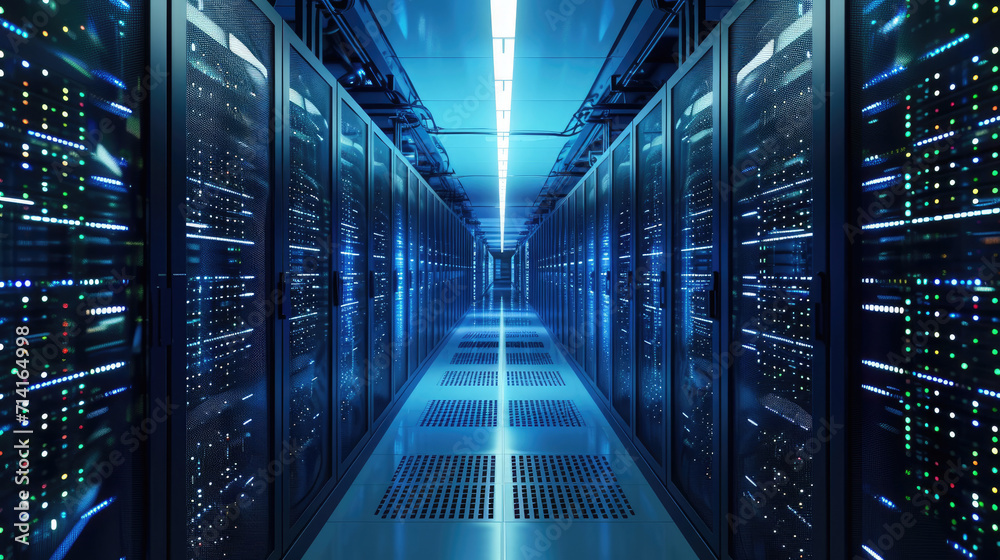 Corridor in Operational Data Center Filled with Rack Servers and ...