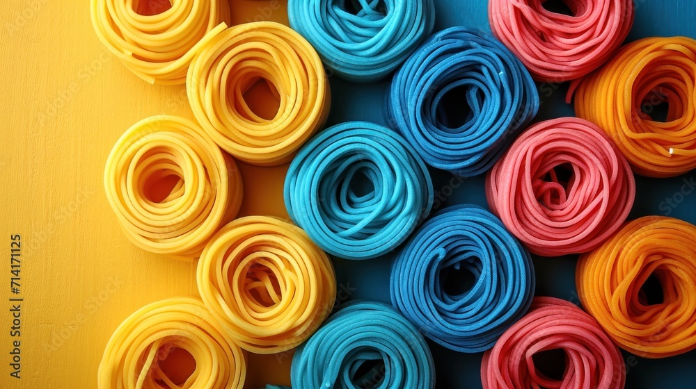 a bunch of colorful rolled up paper sitting on top of a blue and yellow ...