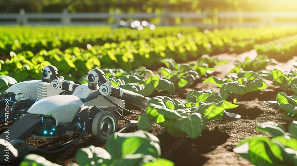 Farming activities background with eco-friendly robots. robot farmers ...