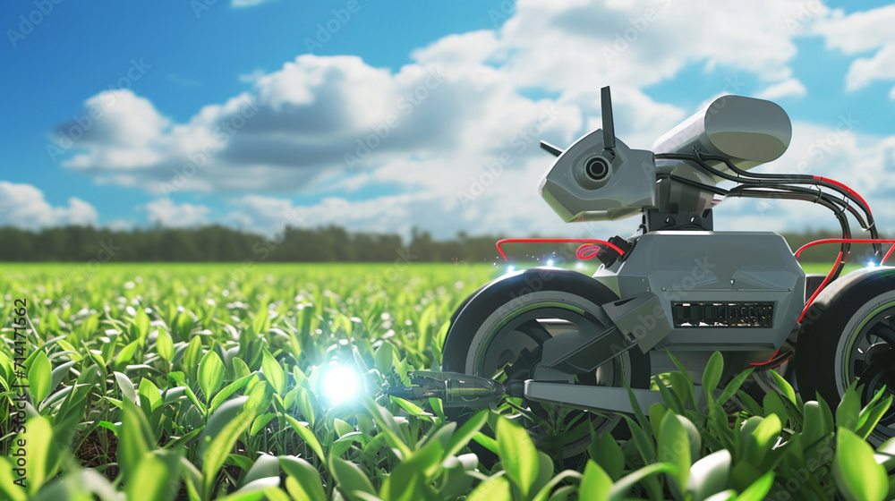 Farming activities background with eco-friendly robots. robot farmers ...