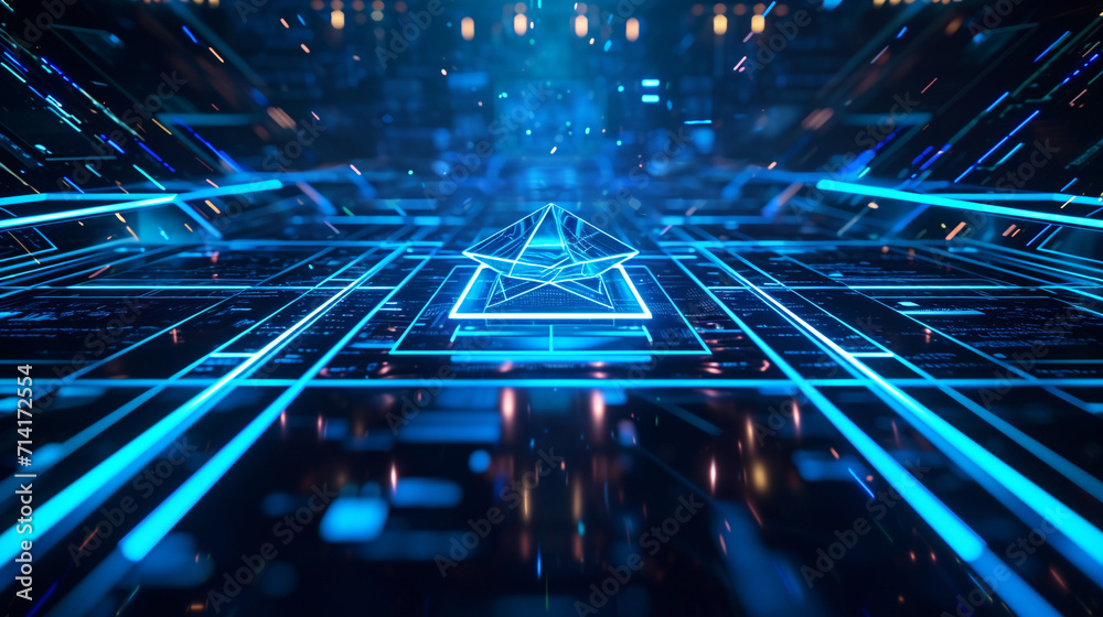 A futuristic presentation background with a dark blue and black color ...