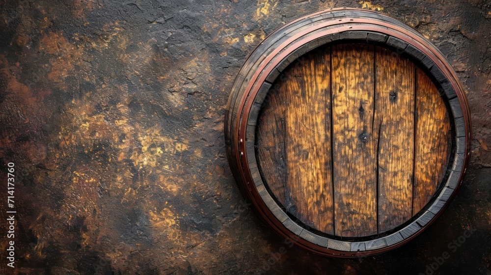 a wooden barrel mounted to the side of a stone wall with a rusted metal ...