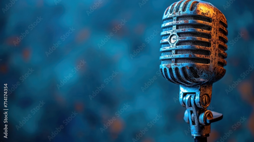 a close up of a vintage microphone on a stand with a blue wall behind ...