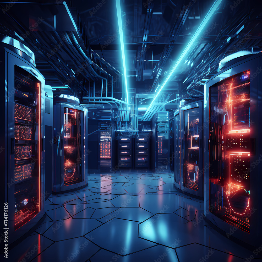 High-tech server room with blinking lights and cables Stock ...