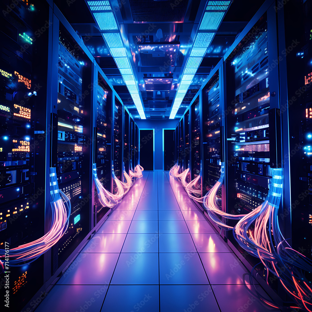 High-tech server room with blinking lights and cables Stock ...