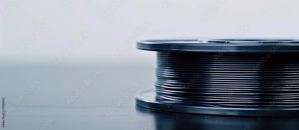 Black 3D printer filament on dark surface, white background, 1.75 ...