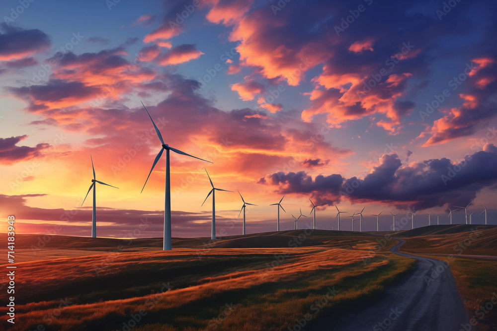 Wind farm landscape against sunset sky. Wind energy. Wind power ...