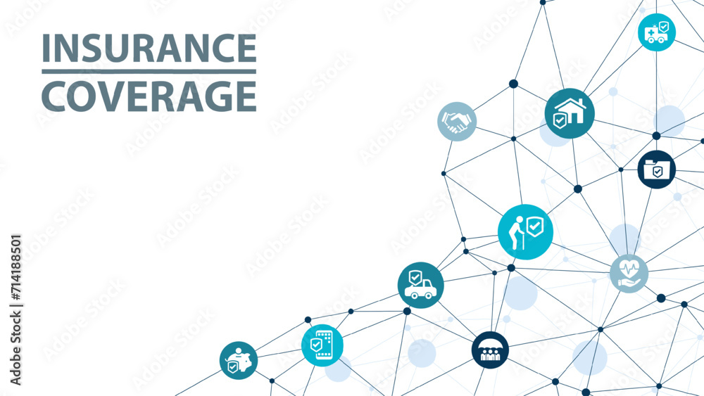 Insurance coverage. Blue concept with icons related to safety and ...