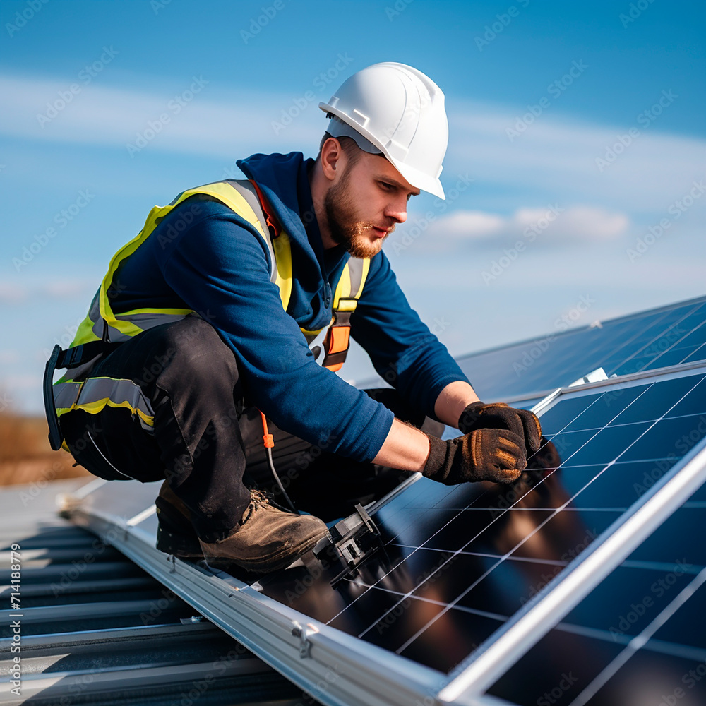 Technician installing solar panels on roof, installing photovoltaic ...