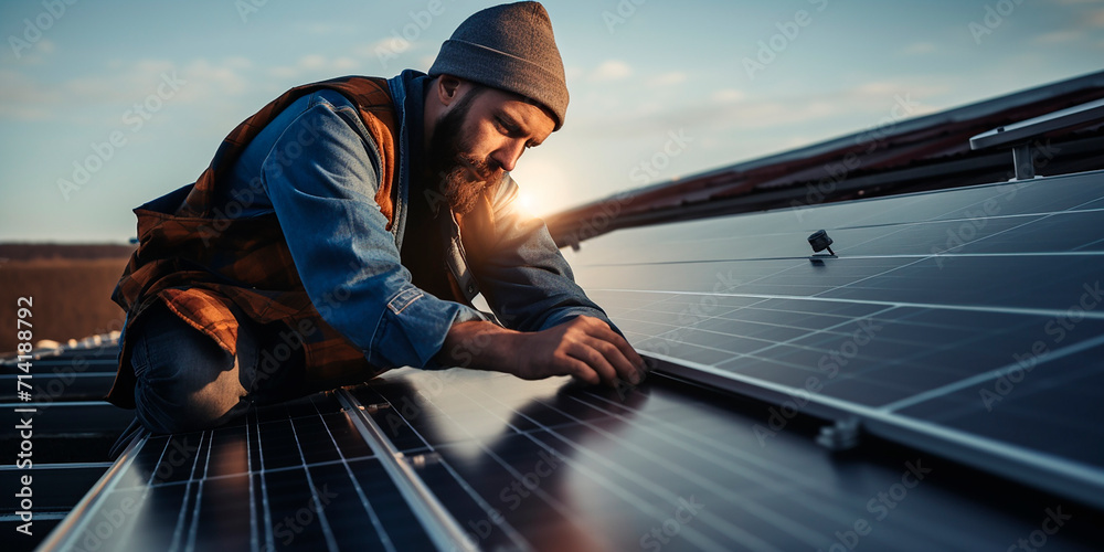 Technician installing solar panels on roof, installing photovoltaic solar panel system, clean ...