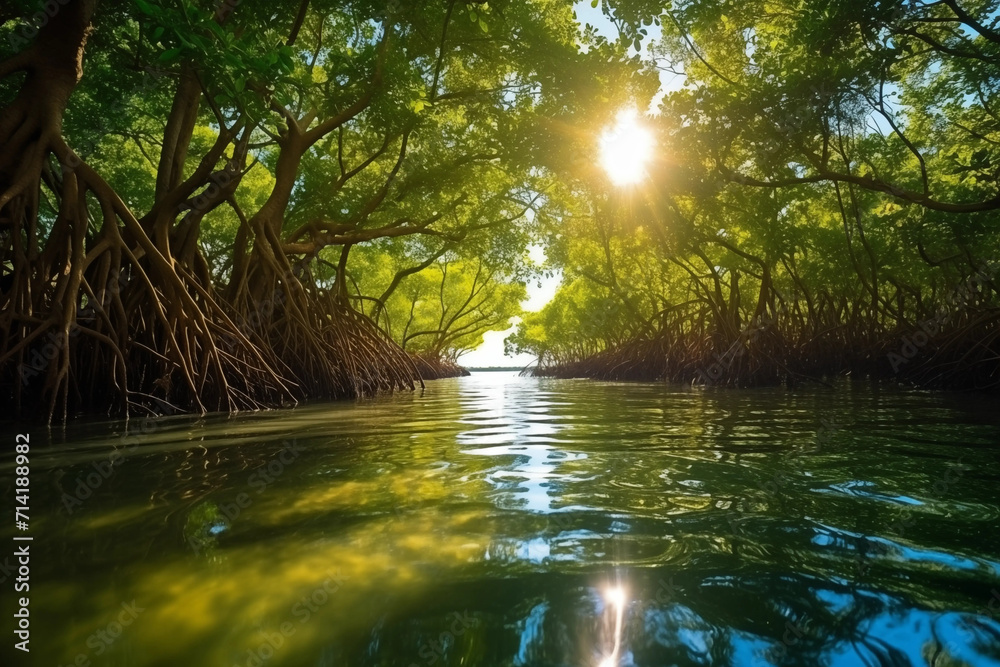 Green mangrove forest with morning sunlight. Mangrove ecosystem. Natural carbon sinks. Mangroves ...