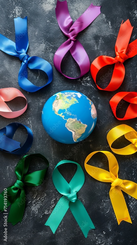 Colorful awareness ribbons laying in circle and earth globe in the ...