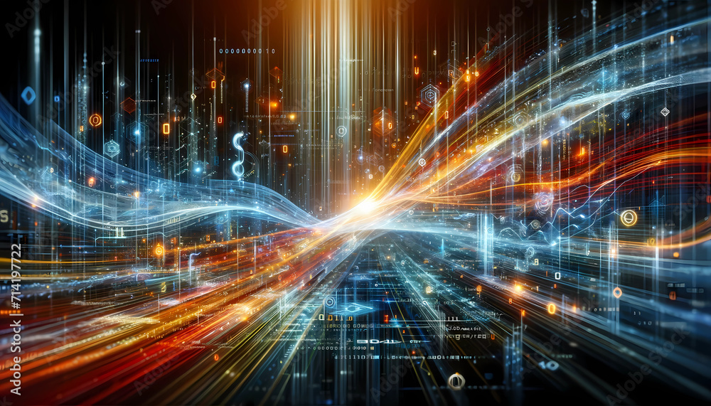 A data stream is visualized as flowing lines of code, numbers, and ...