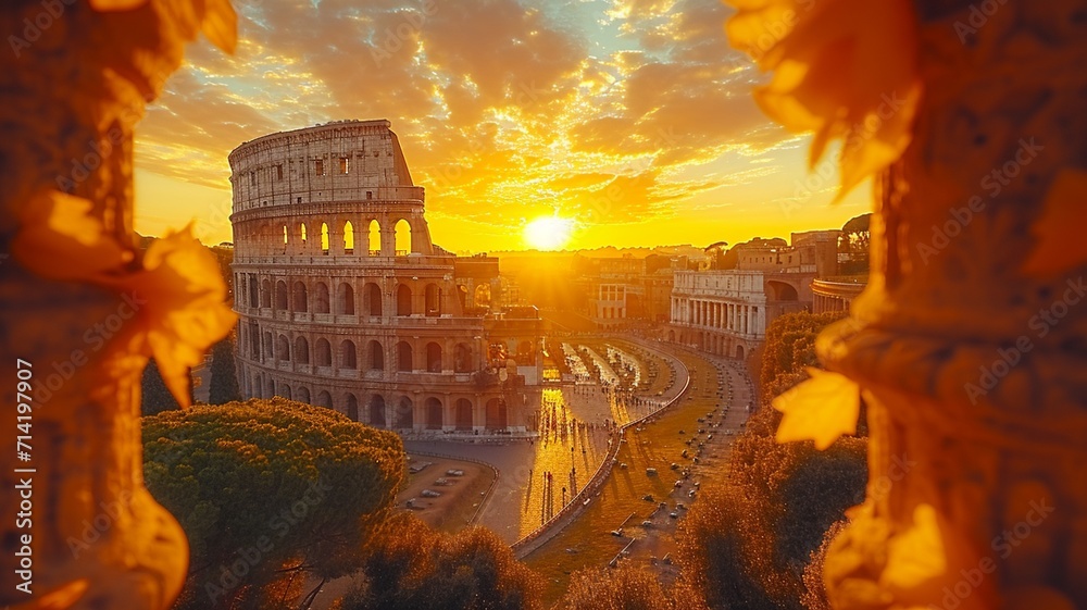Landscape Scene of Colosseum at the sunset time, view from inside ...