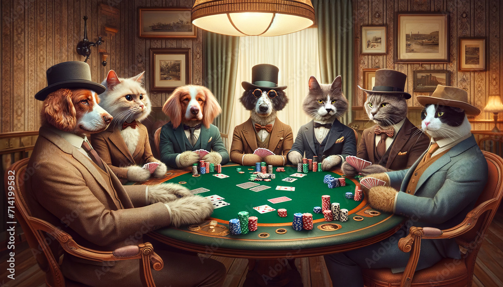 This image portrays anthropomorphized dogs and cats dressed in vintage ...