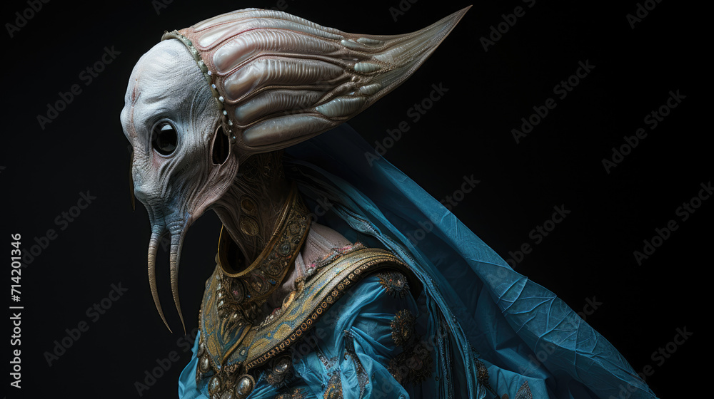 Non-human biological alien creature in blue traditional suit, UFO ...