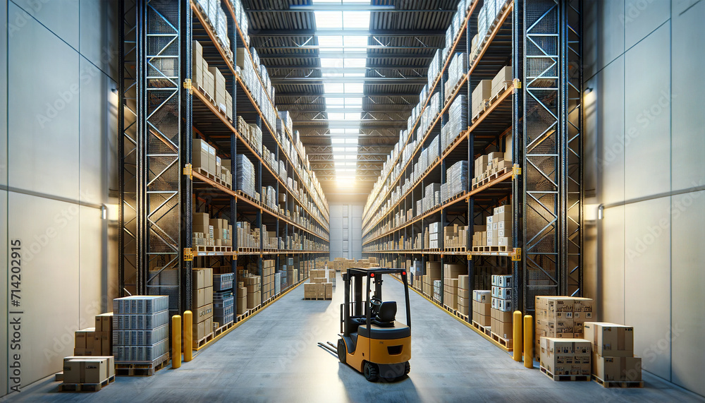 Spacious warehouse interior with high shelves, boxes, forklift in the ...