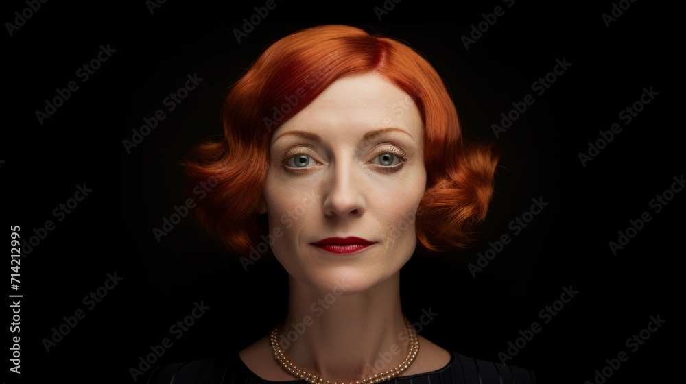 Photorealistic White Woman with Red Straight Hair retro Illustration ...