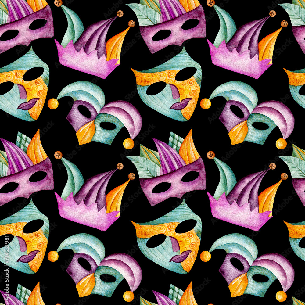 Seamless watercolor pattern. Hand drawn various masquerade masks ...
