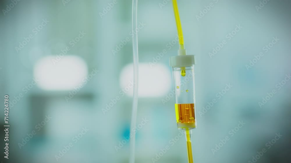 The infusion of medicinal liquid into the IV drip is done in close-up ...