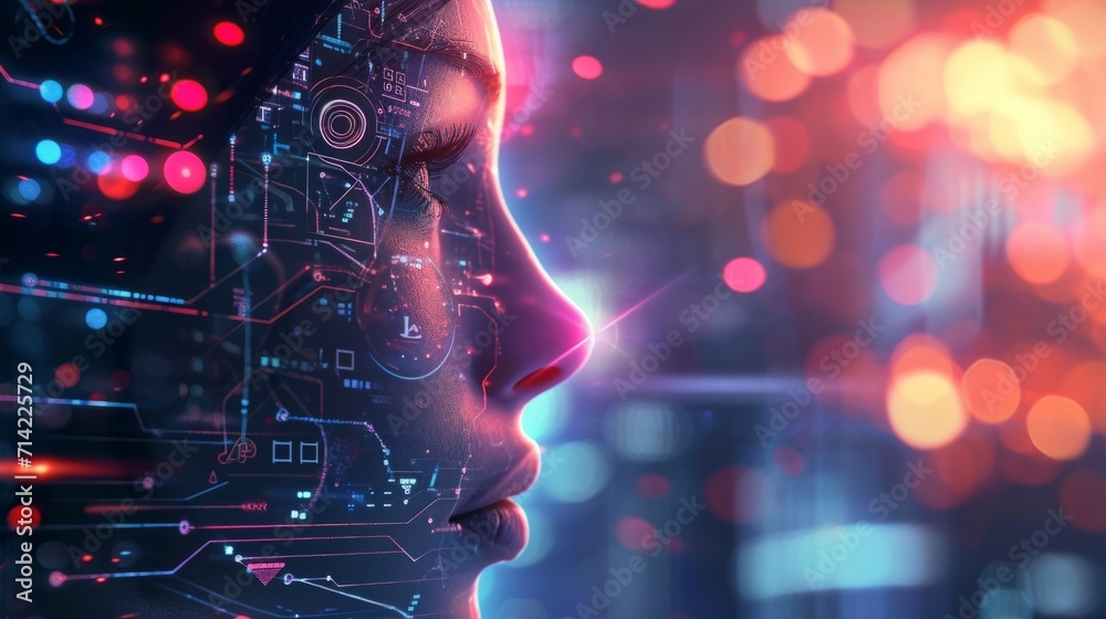 The young female face with elements of an interactive glowing interface ...
