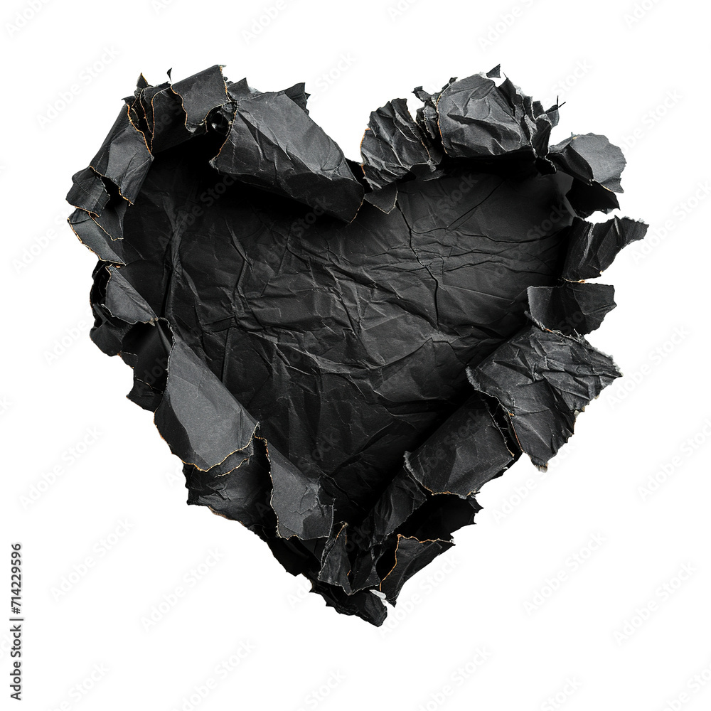 Blank, black piece of paper, heart shape. On transparent background ...