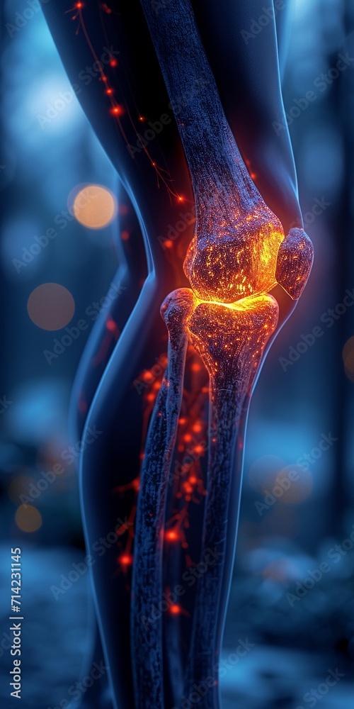 3d rendering of a anatomic correct knee, sideview, there is a red shine ...